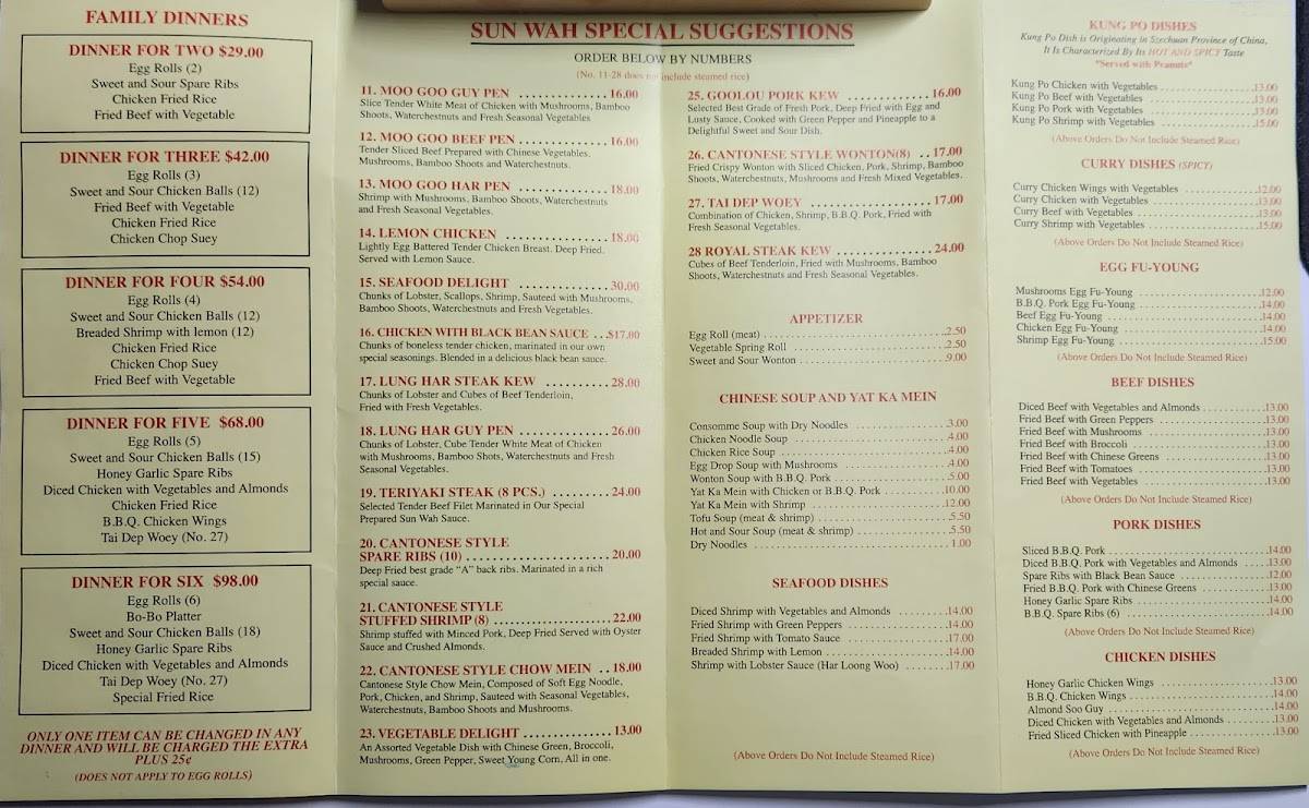 Menu at Sun Wah restaurant, Sudbury
