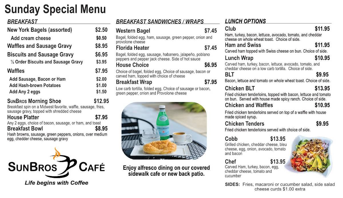 Menu at SunBros Café restaurant, Flagler Beach