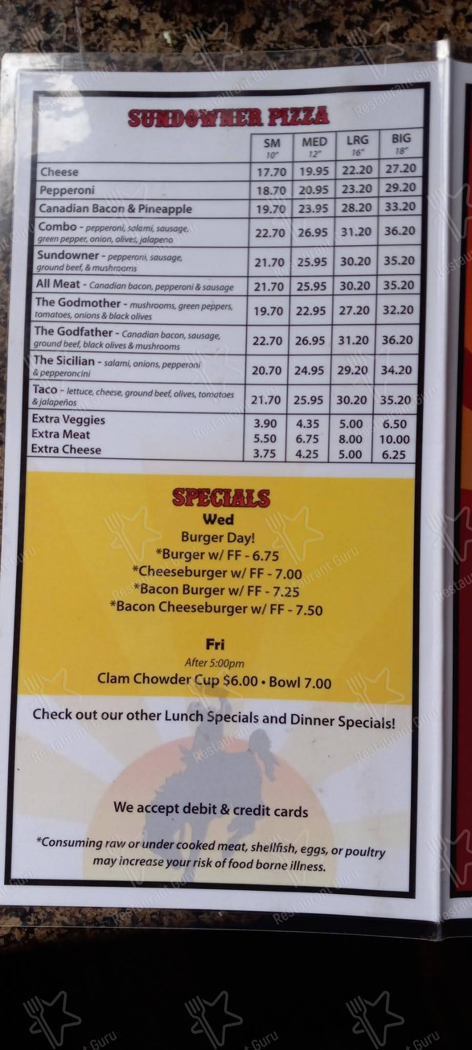 Menu at Sundowner Grill & Saloon pizzeria, Molalla