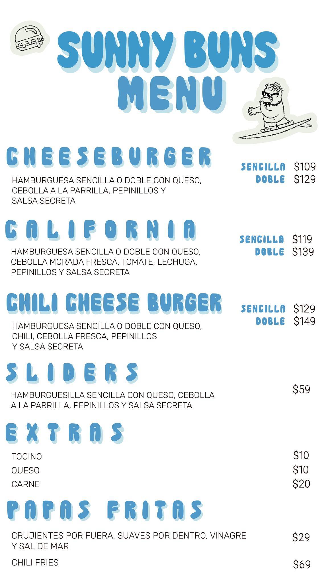 Menu at Sunny Buns Sábalo restaurant, Mazatlán
