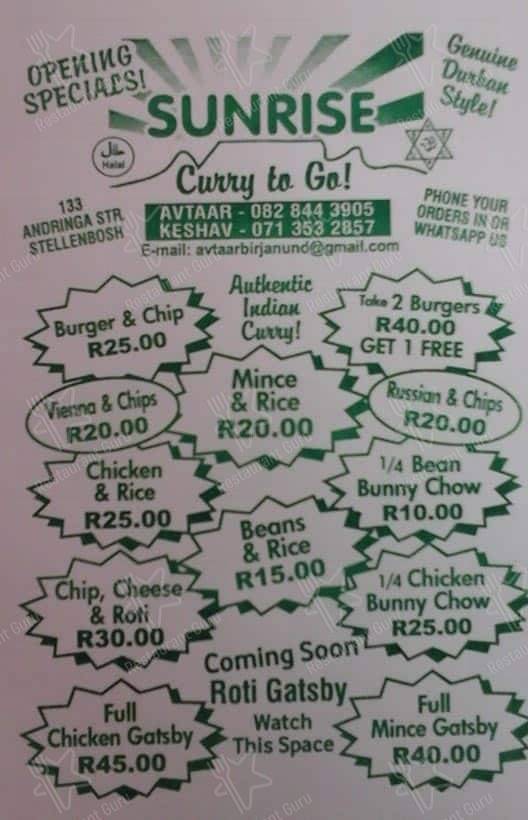 Menu at Sunrise Curry 2 Go restaurant, Stellenbosch