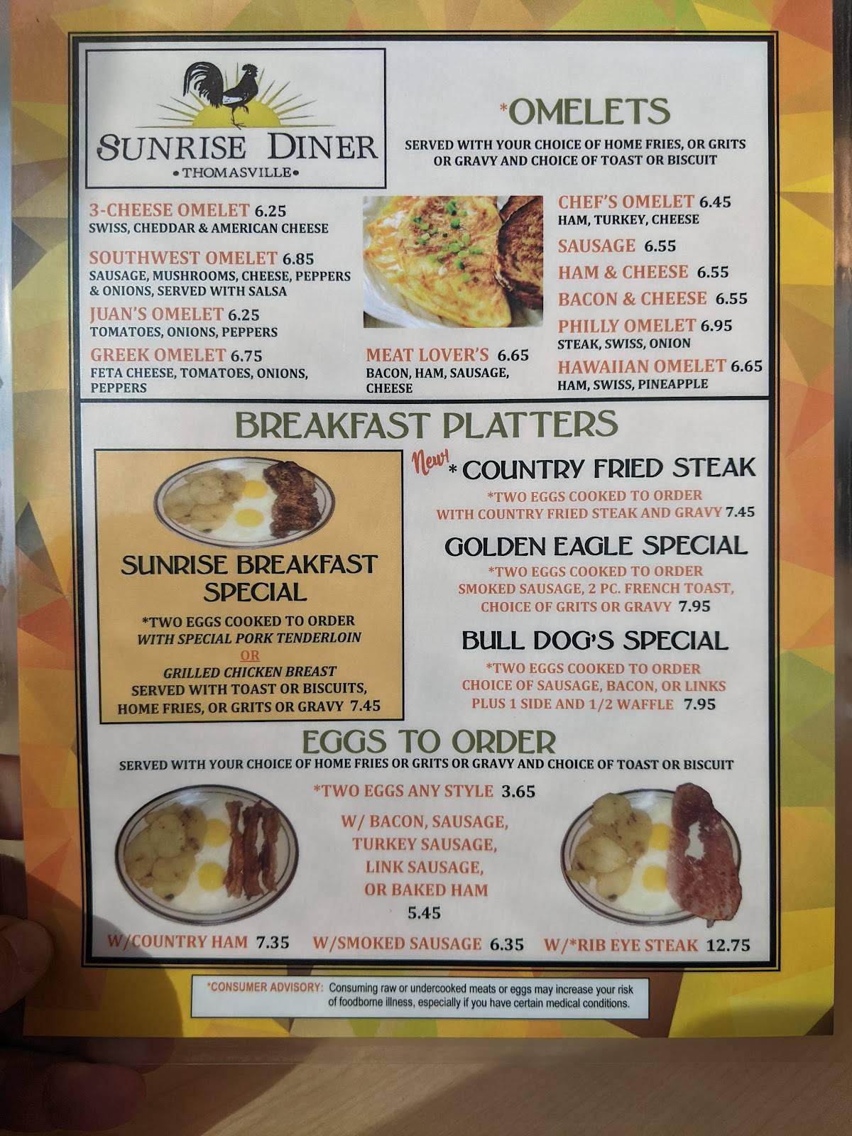 Menu at Sunrise Diner restaurant, Thomasville
