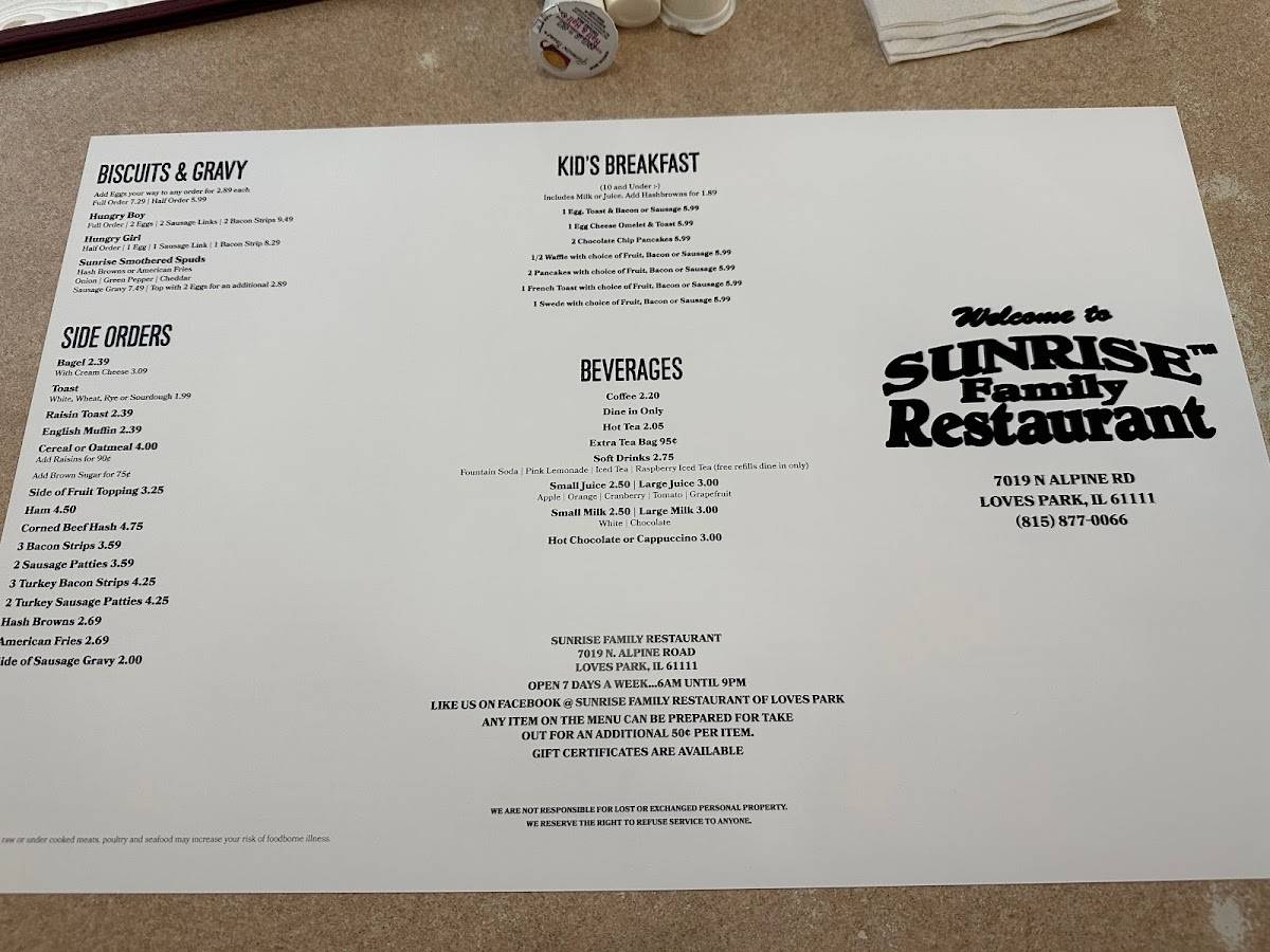 Menu at Sunrise Family Restaurant, Loves Park, N Alpine Rd