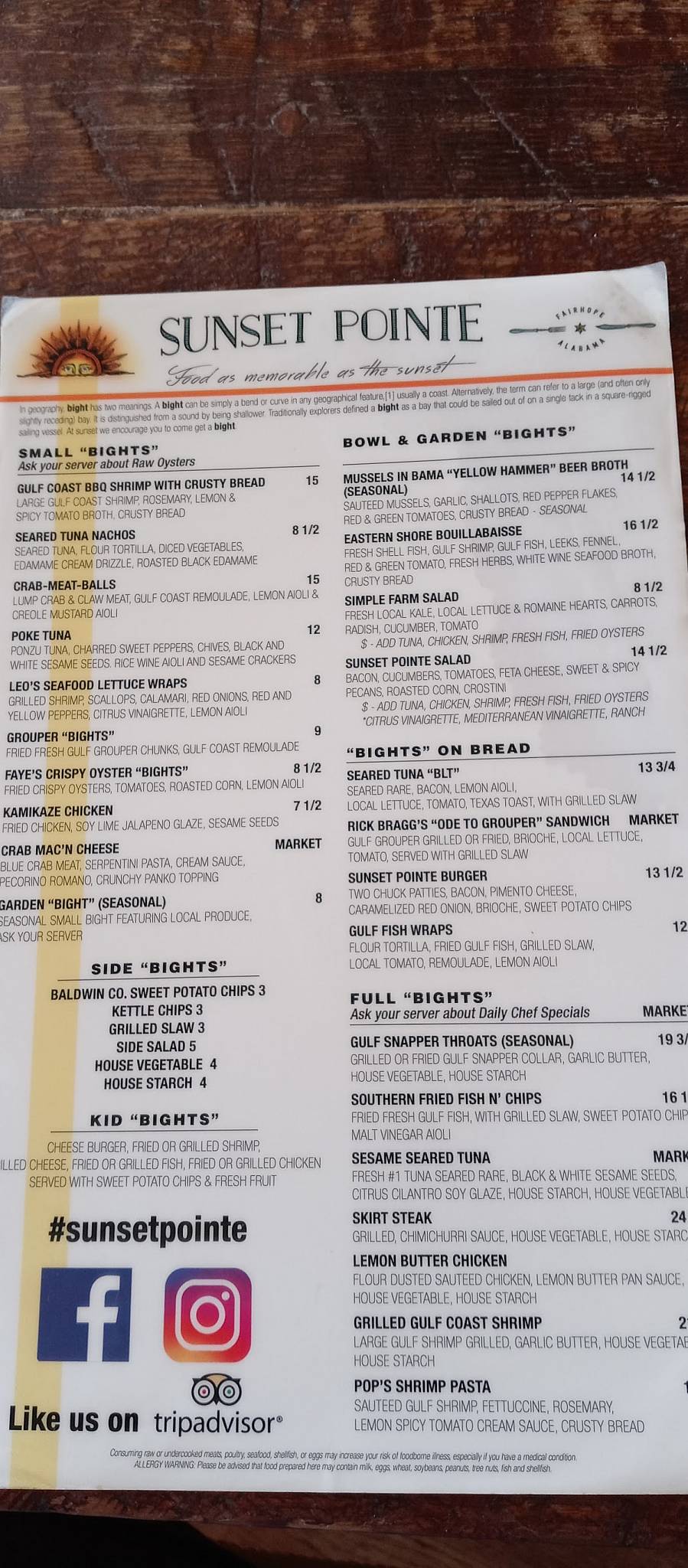Menu at Sunset Pointe at Fly Creek Marina pub & bar, Fairhope