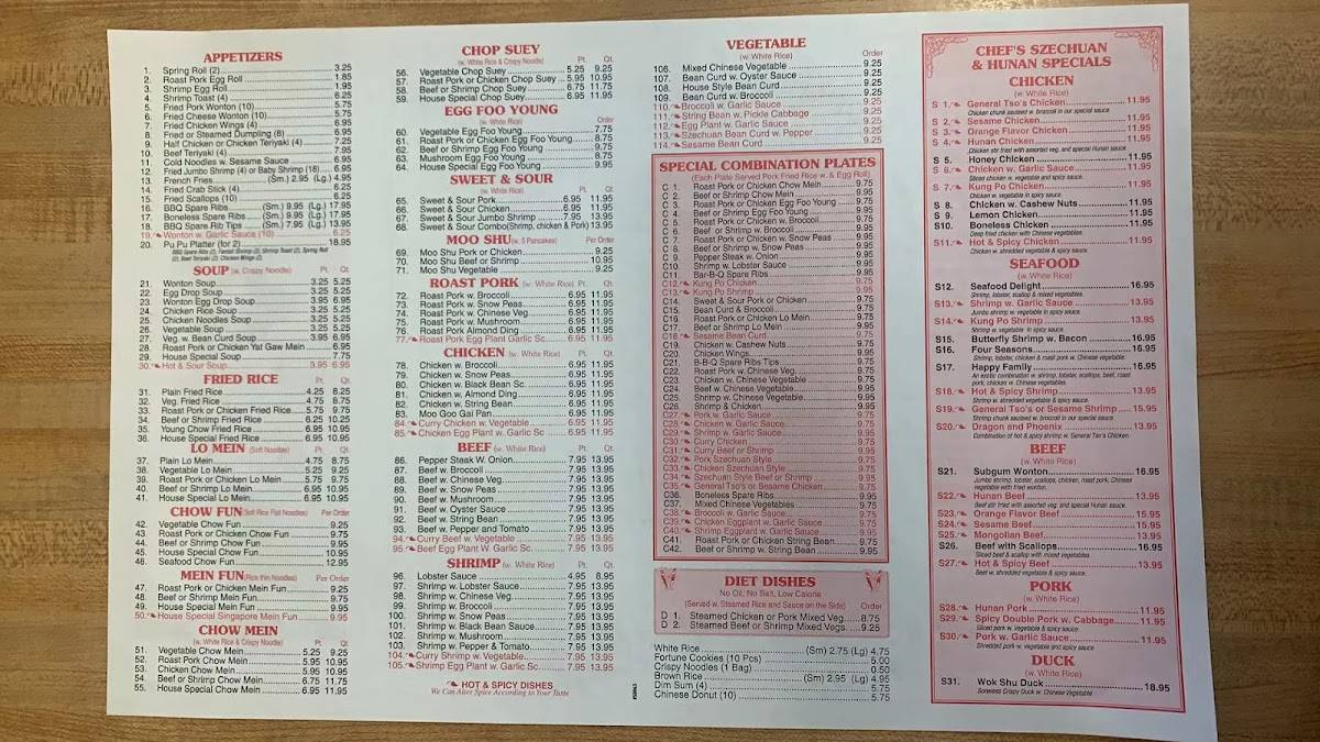 Menu at Sunshine restaurant, Kingston, 364 Broadway