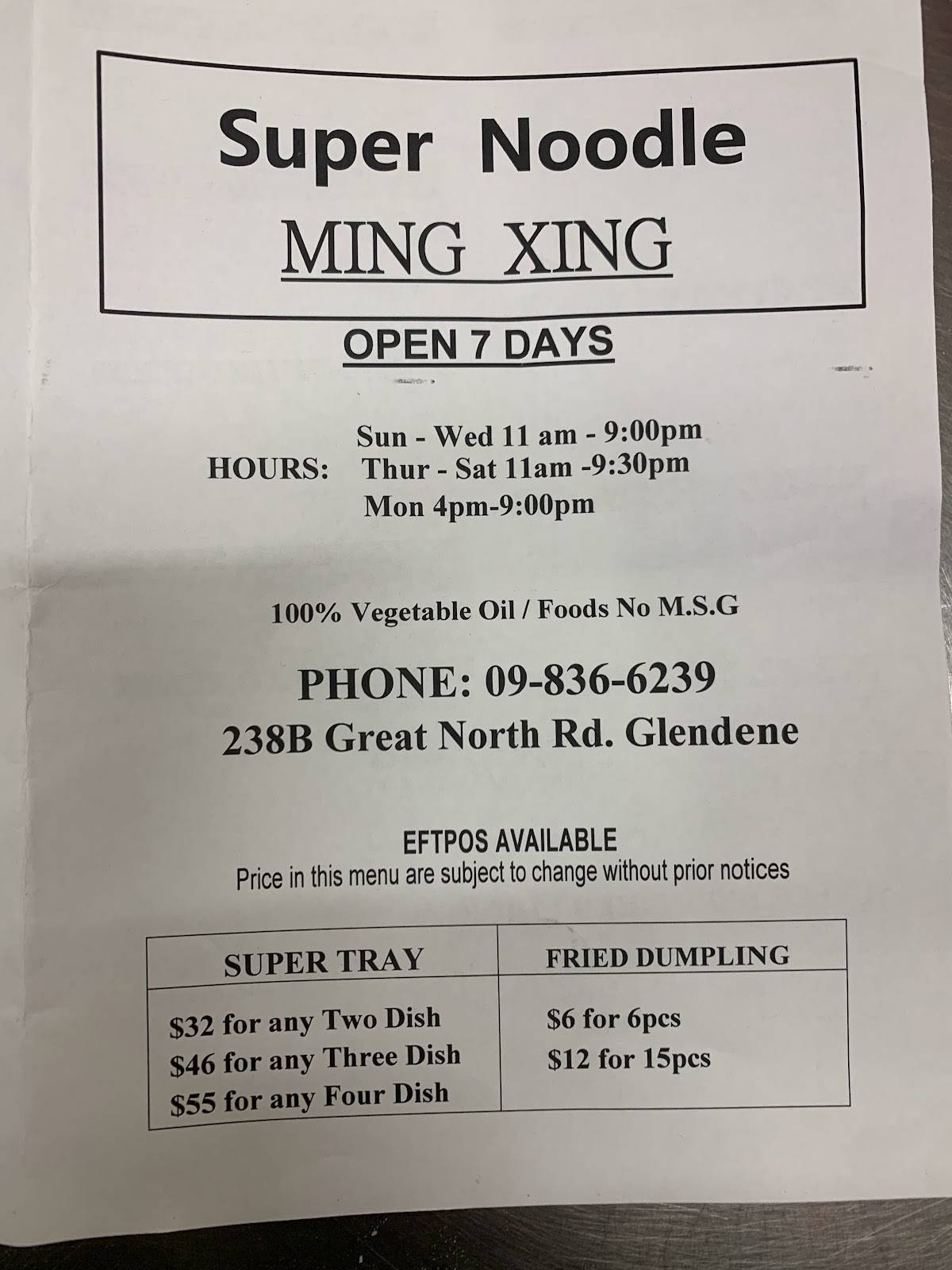 Menu at Super Noodles, Ming Xing Fast Food, Auckland