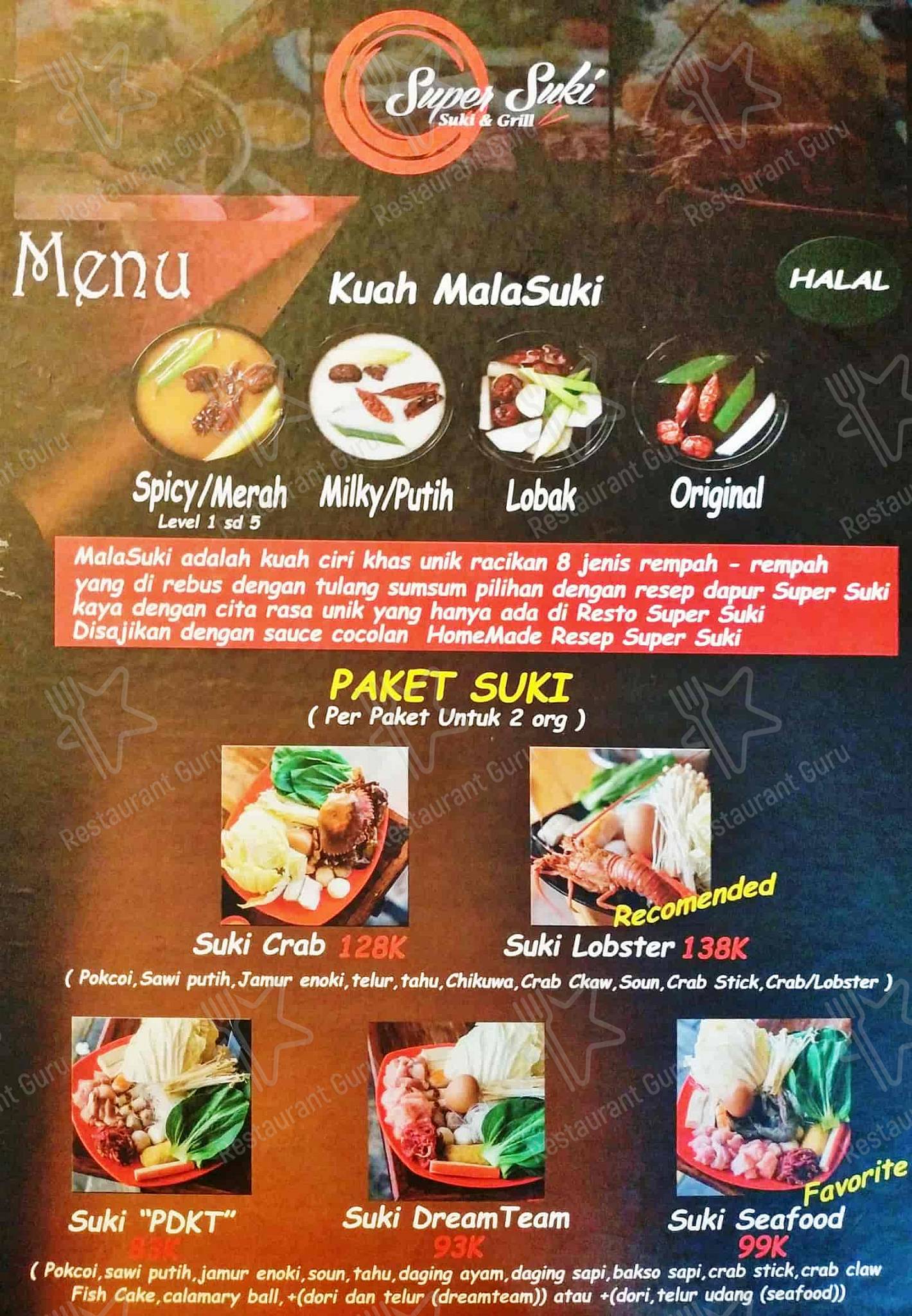 Menu at Super Suki restaurant, Jakarta, Jl. Tebet Timur Dalam Raya No.44A