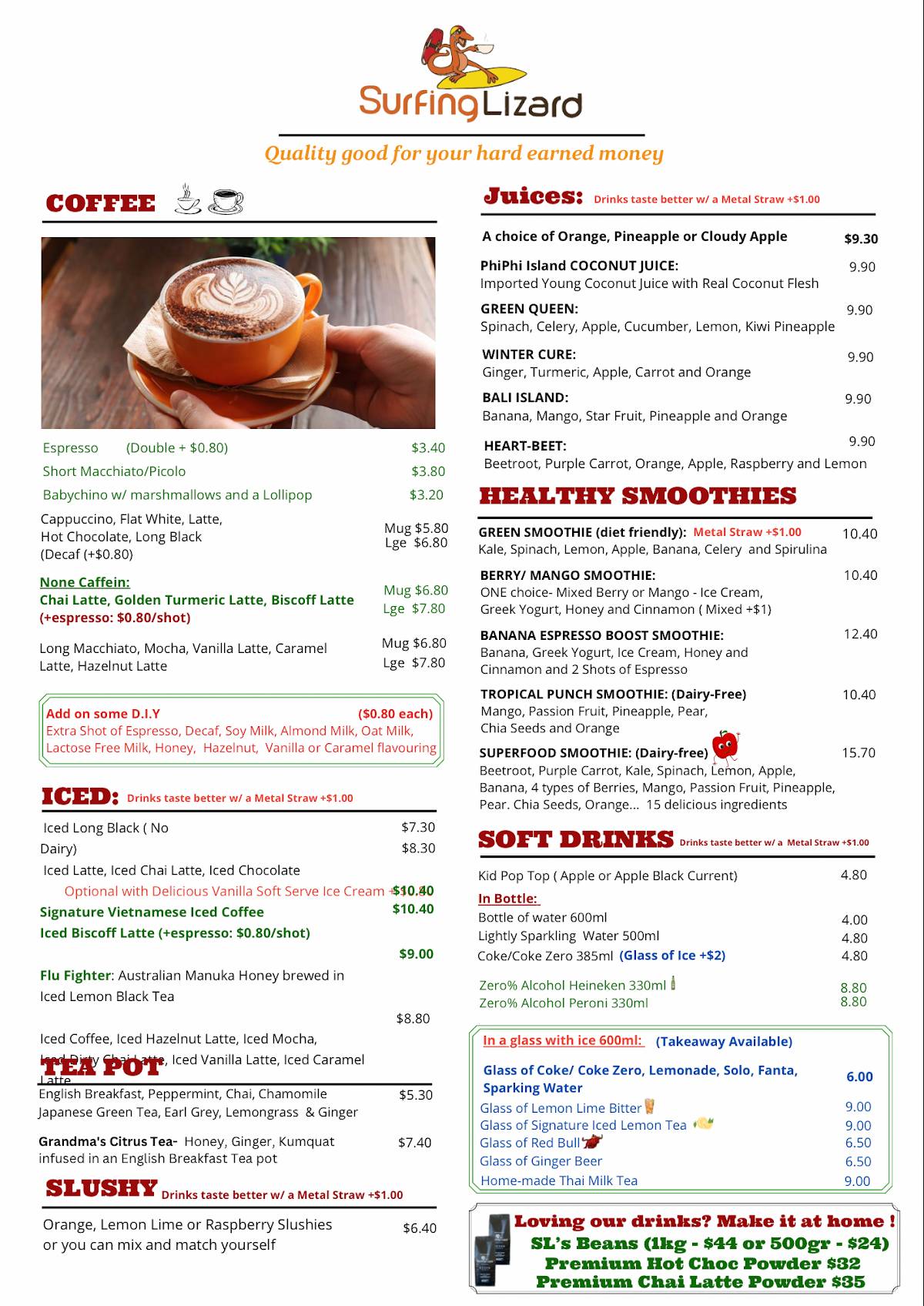 Menu at Surfing Lizard - Secret Harbour cafe, Secret Harbour