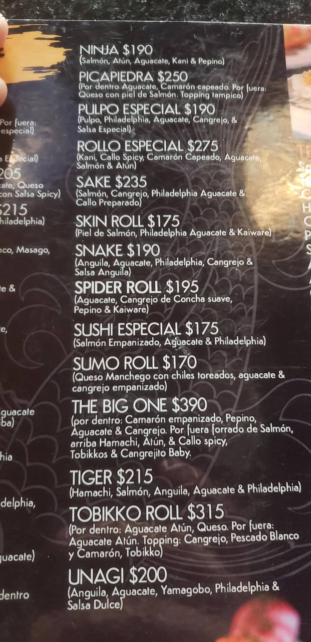 Menu at Sushi Blvd restaurant, Tijuana
