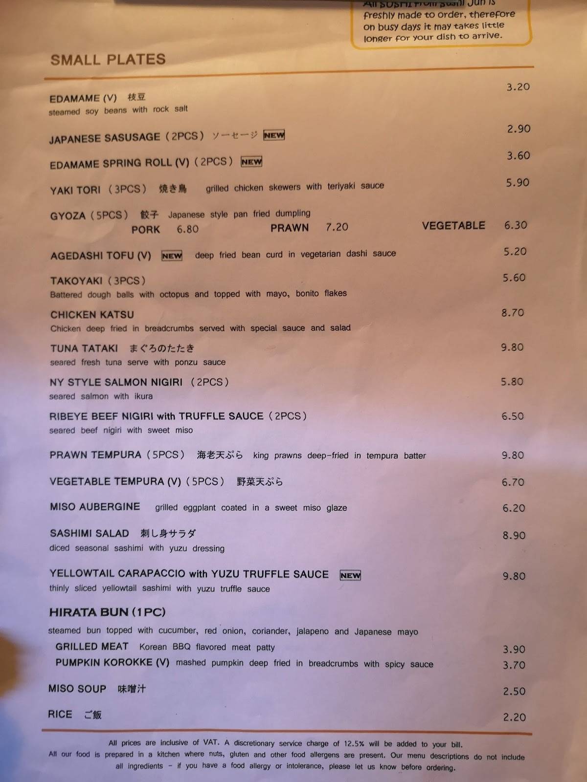 Menu at Sushi Jun restaurant, Farnham
