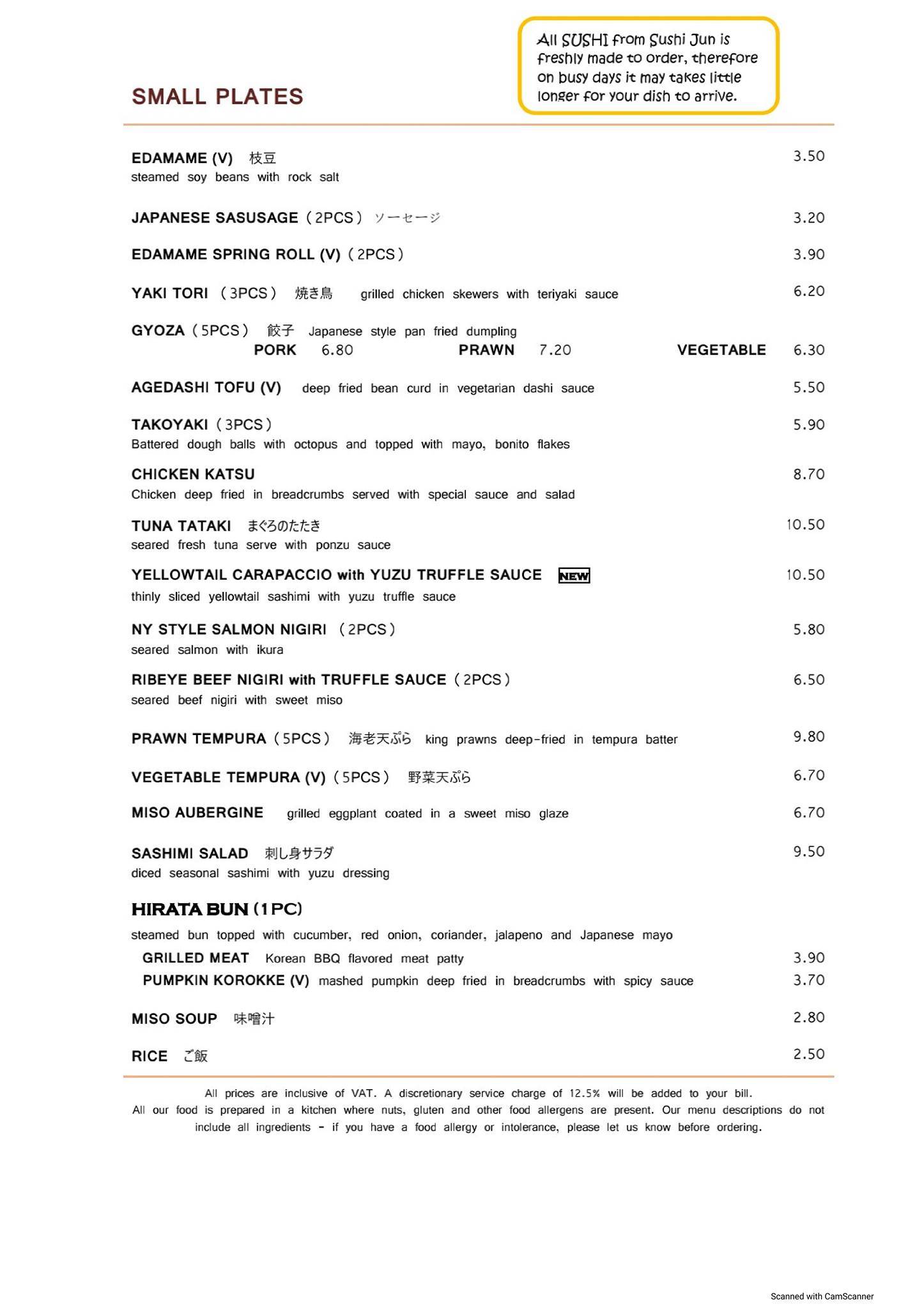 Menu at Sushi Jun restaurant, Farnham