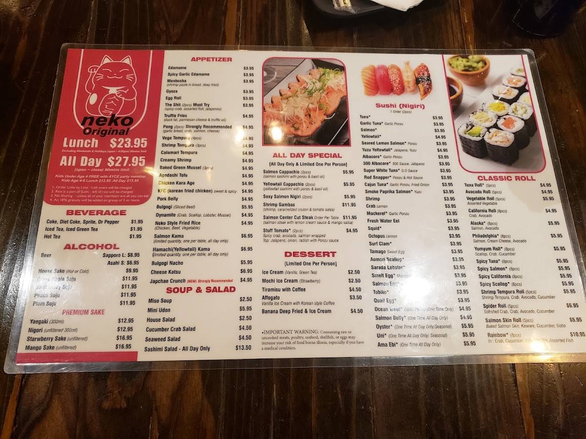 Menu at Sushi Neko restaurant, Las Vegas, W Spring Mountain Rd # 117