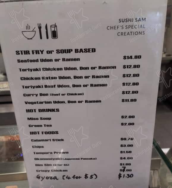 Menu at Sushi Sam restaurant, Braybrook