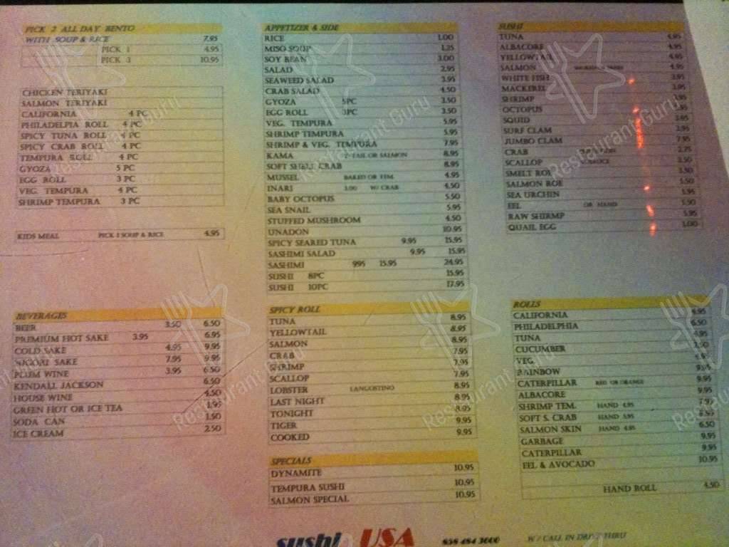 Menu at Sushi Usa restaurant, San Diego