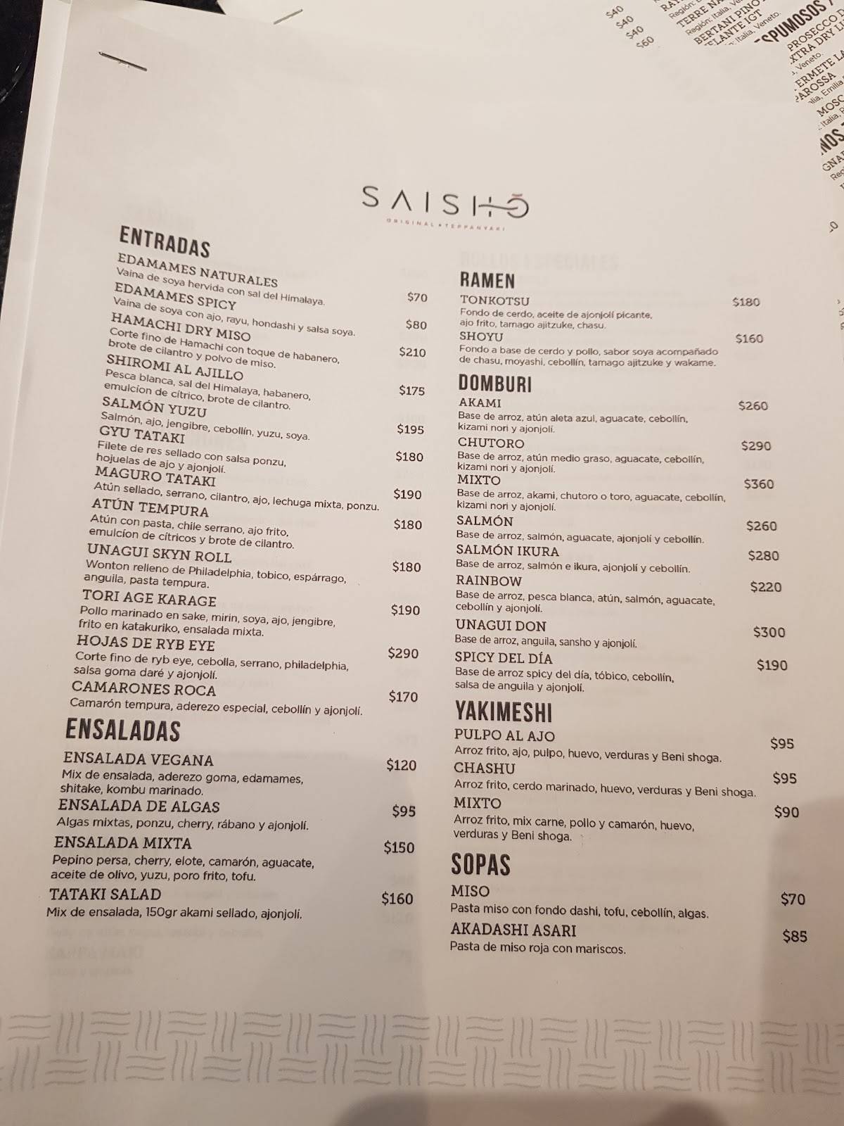Menu at Saisho Teppan & Sushi restaurant, Mazatlán