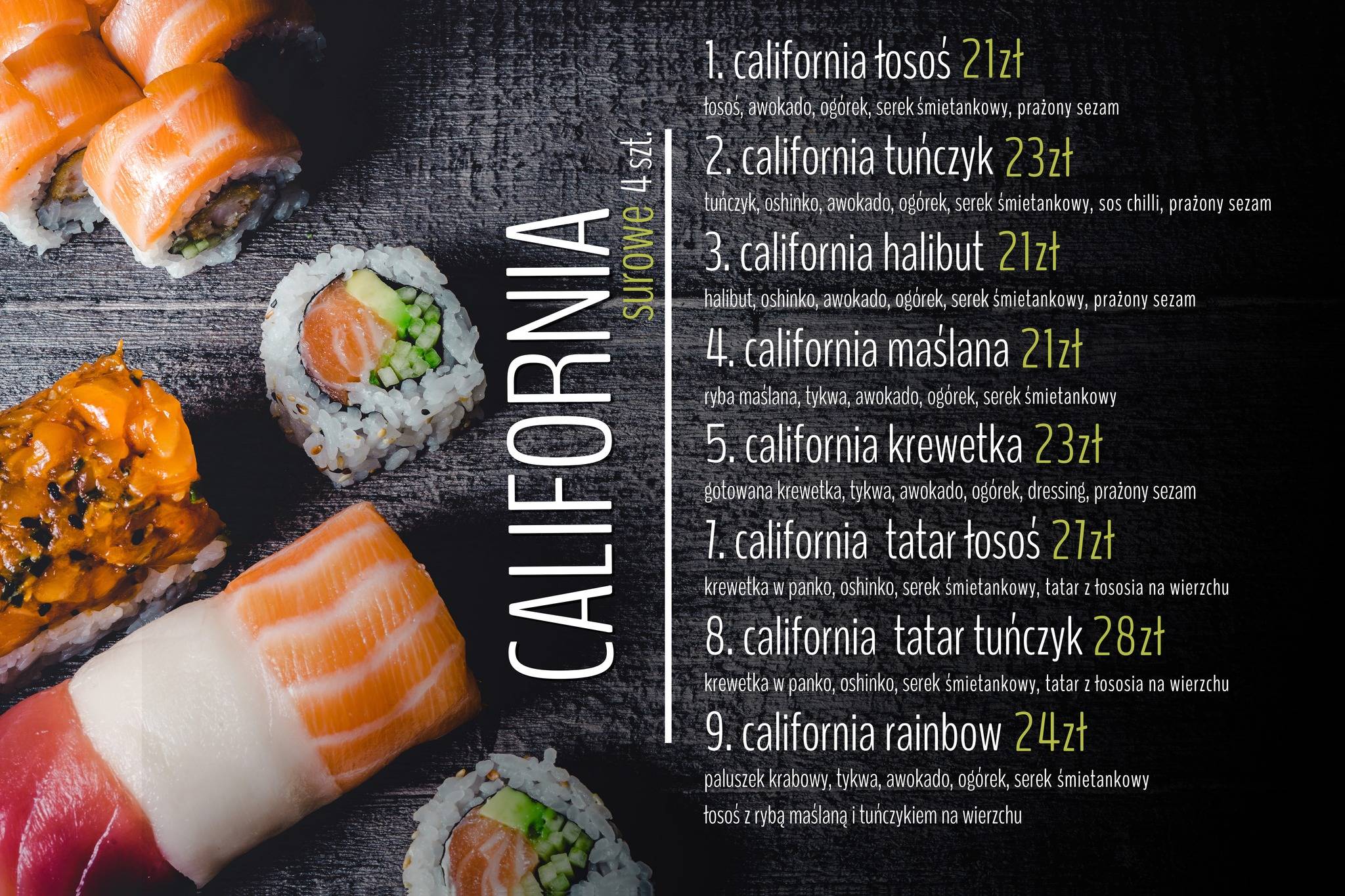 Menu at SushiRola restaurant, Gdańsk
