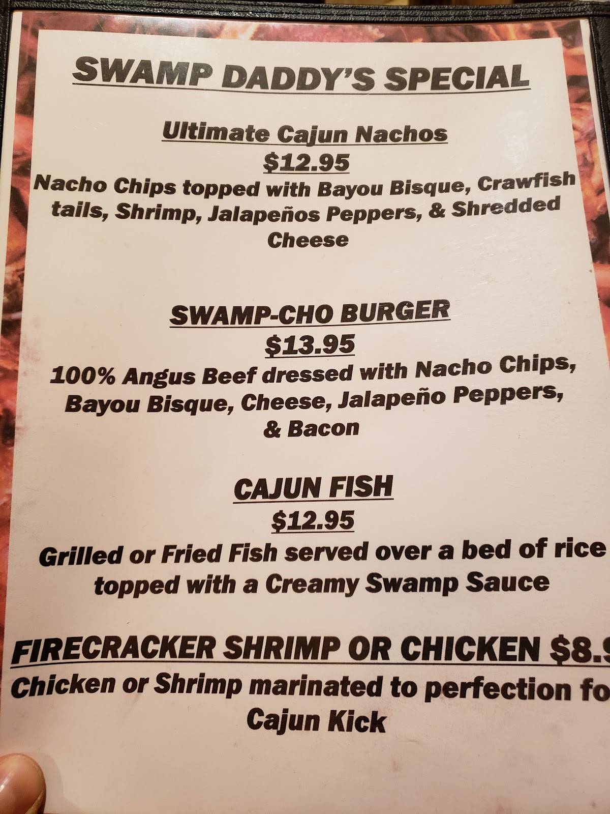 Menu at Swamp Daddy's restaurant, Alexandria, 55 MacArthur Dr