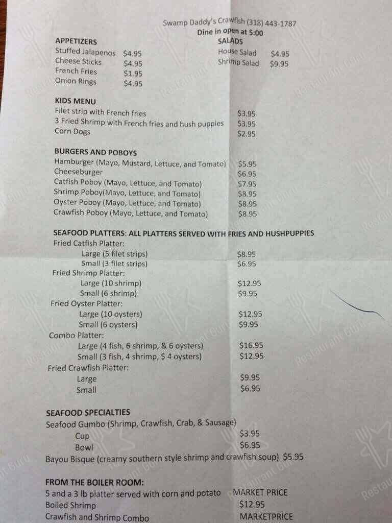 Menu at Swamp Daddy's restaurant, Alexandria, 55 MacArthur Dr