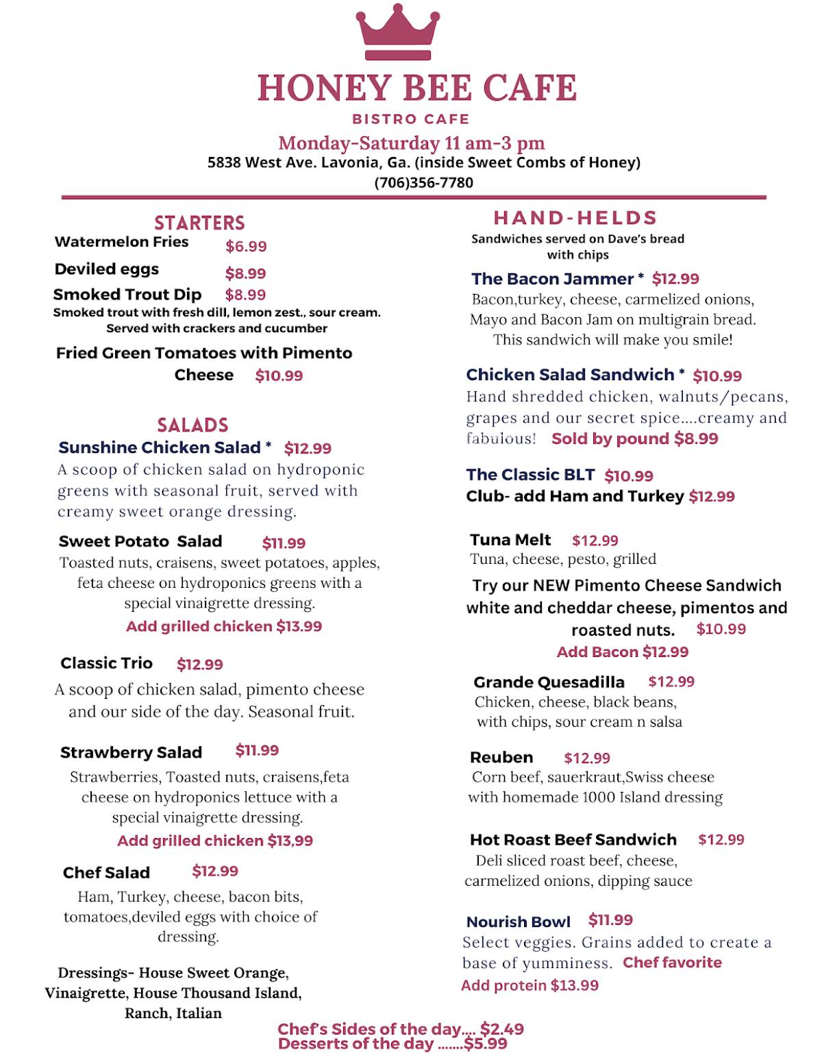 Menu at Sweet Combs of Honey cafe, Lavonia