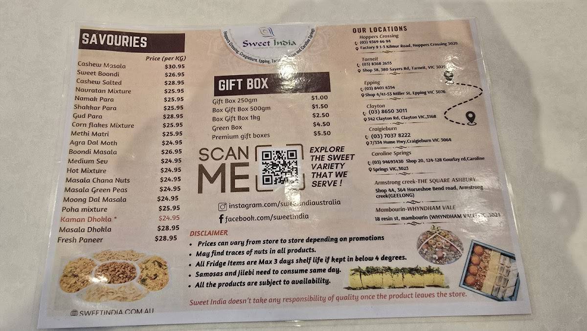 Menu at Sweet India Geelong restaurant, Armstrong Creek