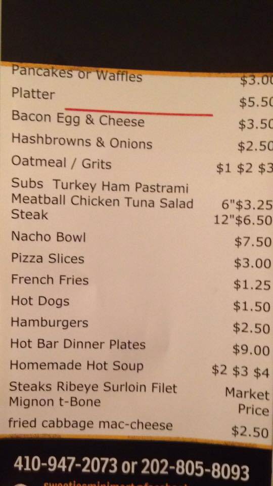 Menu at Sweetie's Down South Deli & Carryout restaurant, Baltimore