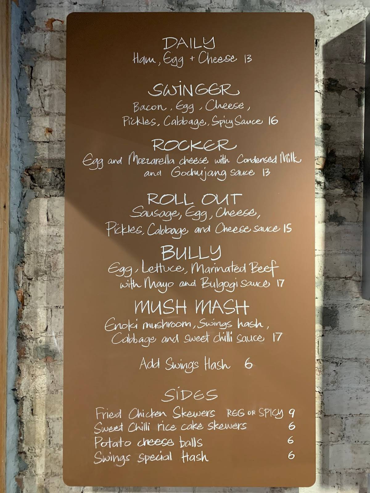 Menu at Swings restaurant, Auckland