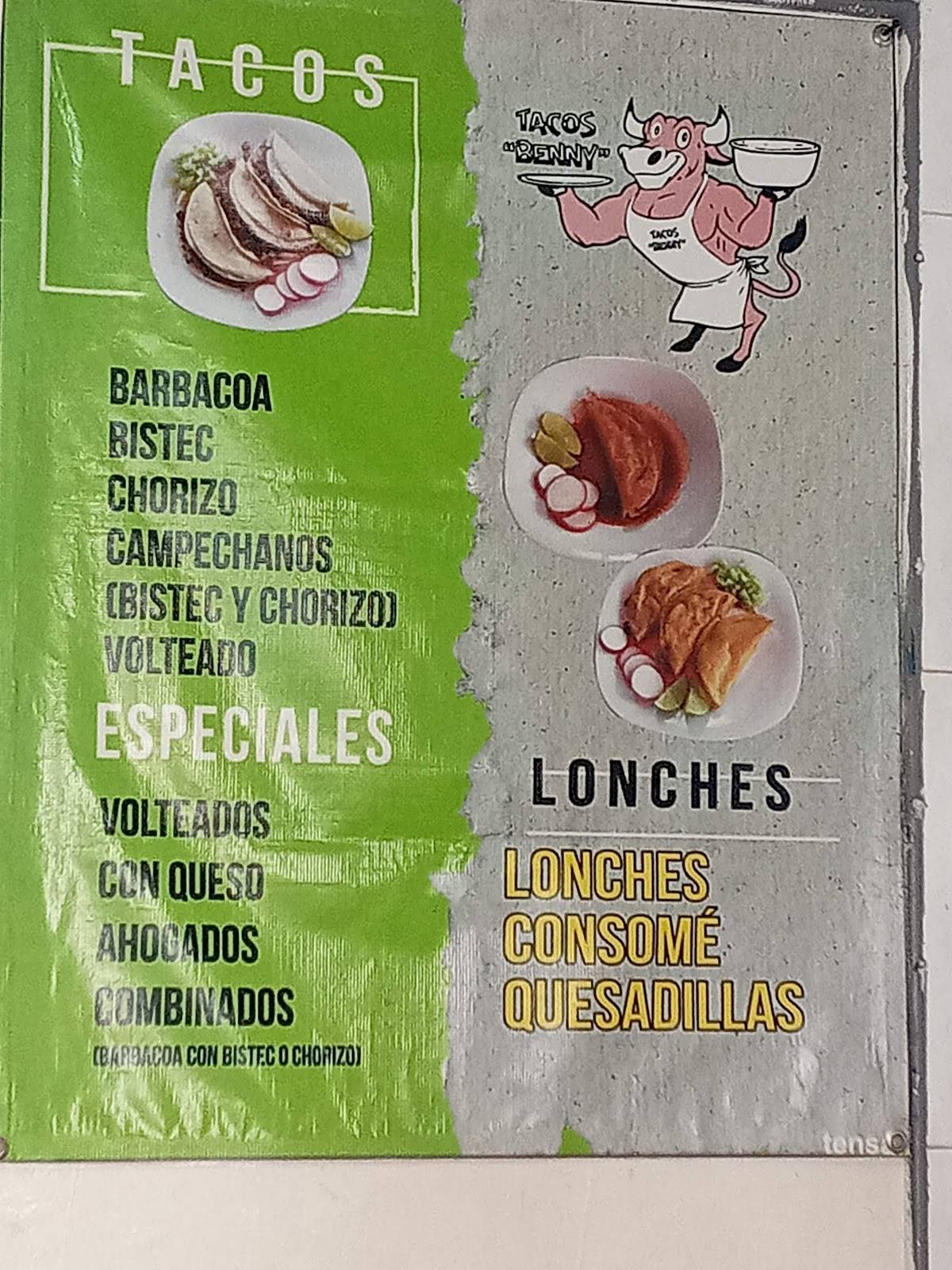 Carta del restaurante TACOS BENNY, Guadalajara, C. María C. Bancalari 3130