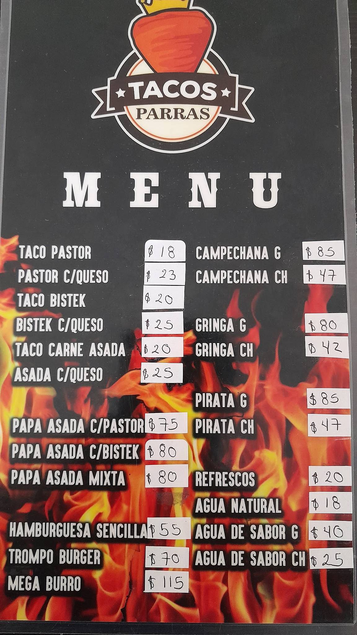 Menu at TACOS PARRAS restaurant, Monterrey
