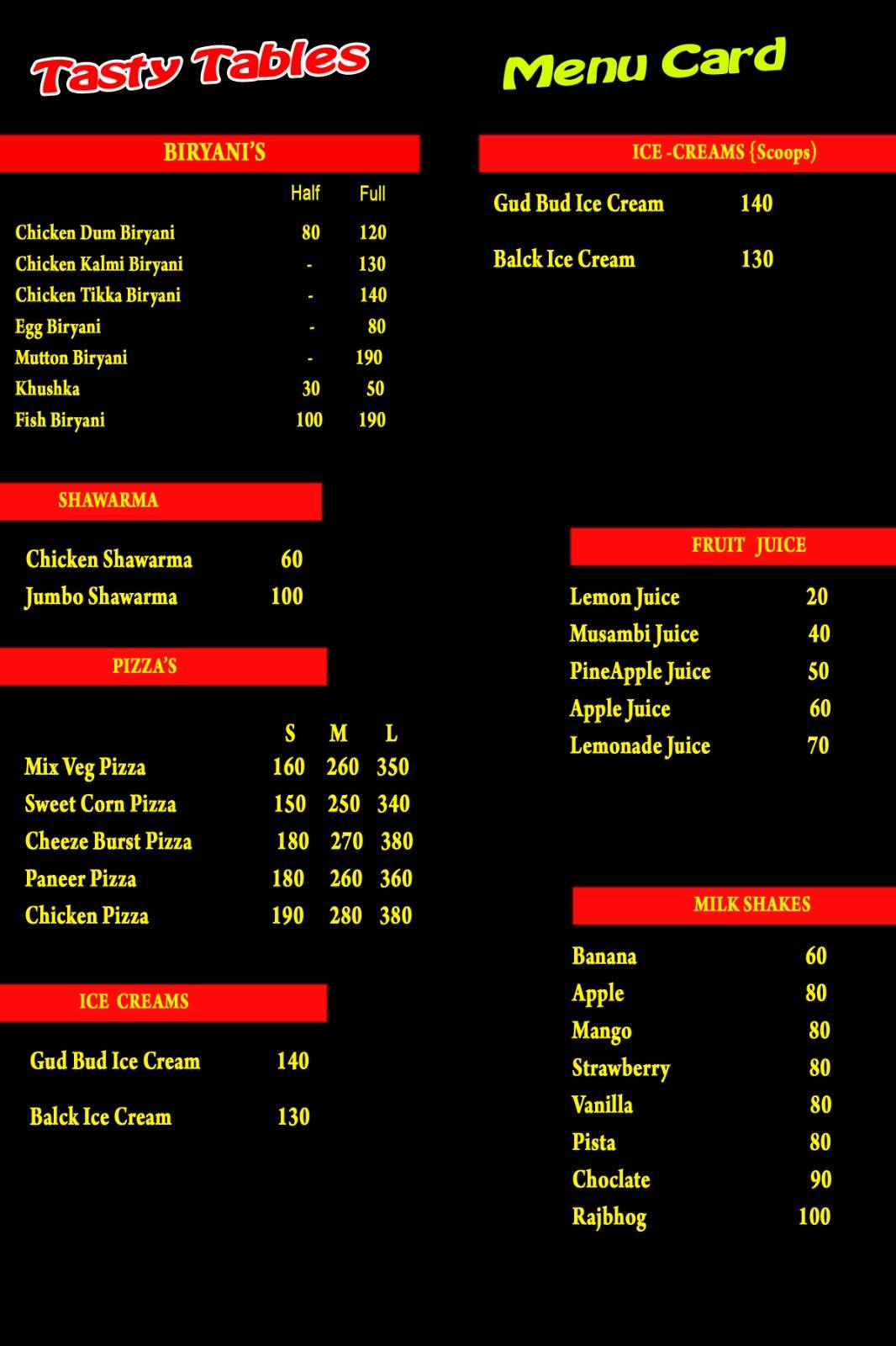 Menu at TASTY TABLES, Jannapura