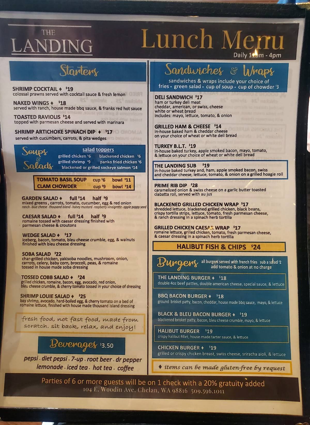 Menu at THE LANDING restaurant, Chelan
