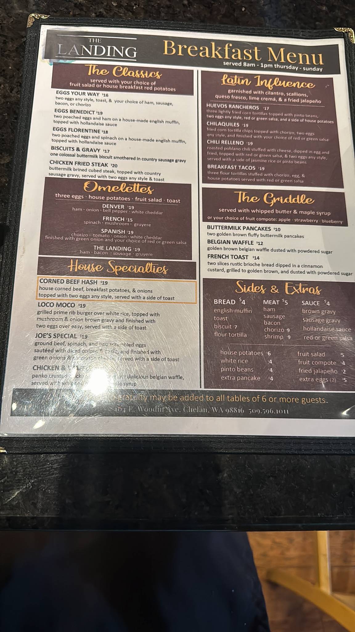 Menu at THE LANDING restaurant, Chelan