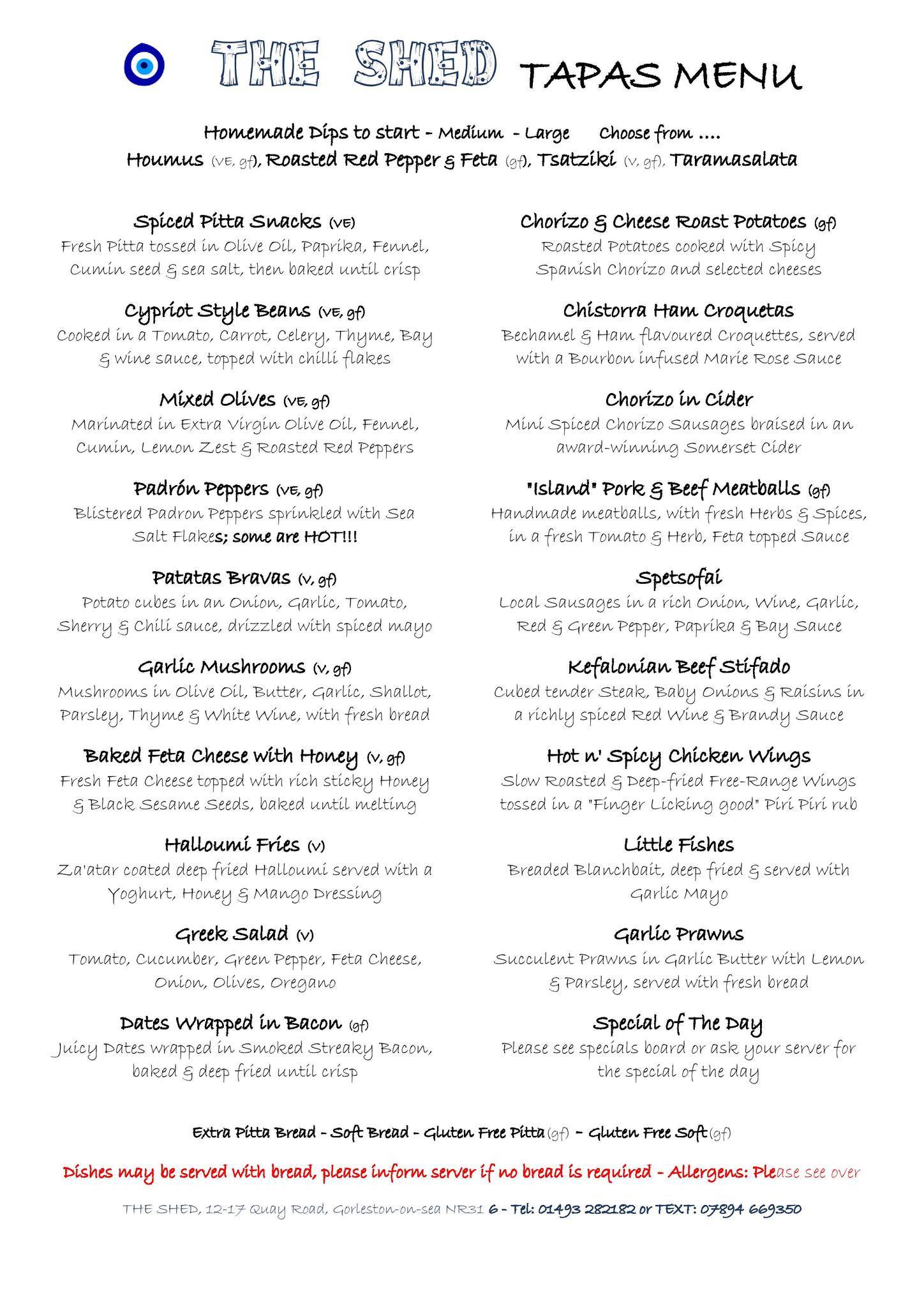 Menu at The Shed pub & bar, Gorleston-on-Sea