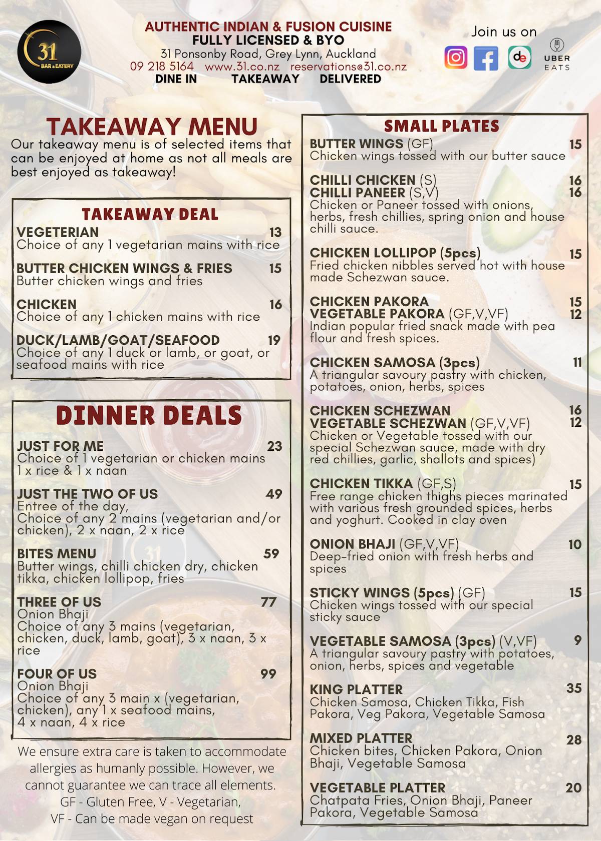 Carta del restaurante Thirty One, Auckland
