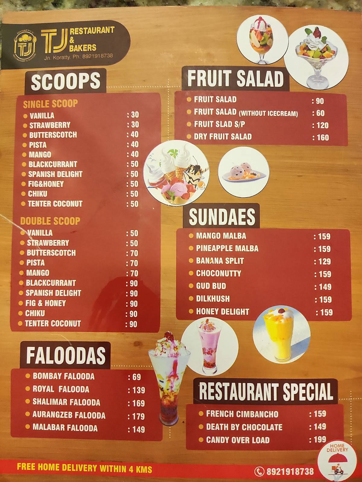 Menu at TJ Restaurant and Bakers, Koratty