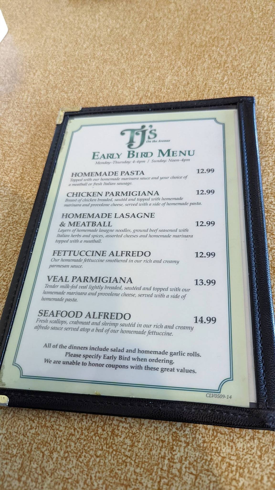 Menu at TJ's On The Avenue restaurant, Mentor