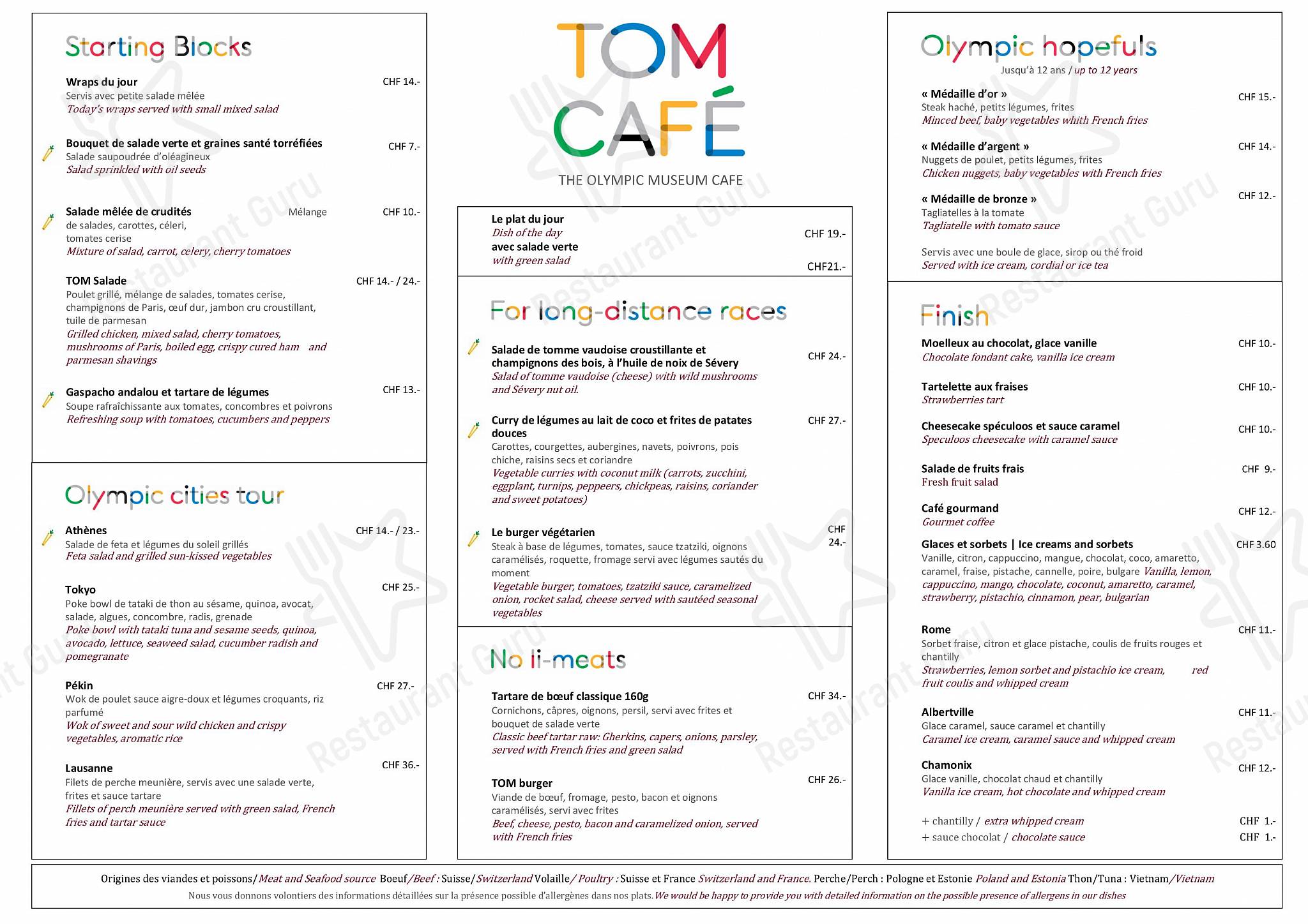 Menu au TOM Café - Le Musée Olympique, Lausanne