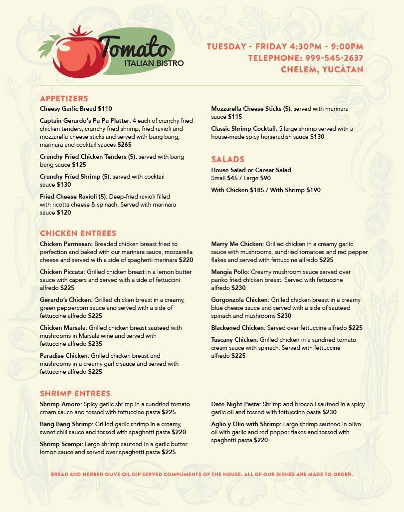 Menu at TOMATO italian bistro restaurant, Chelem