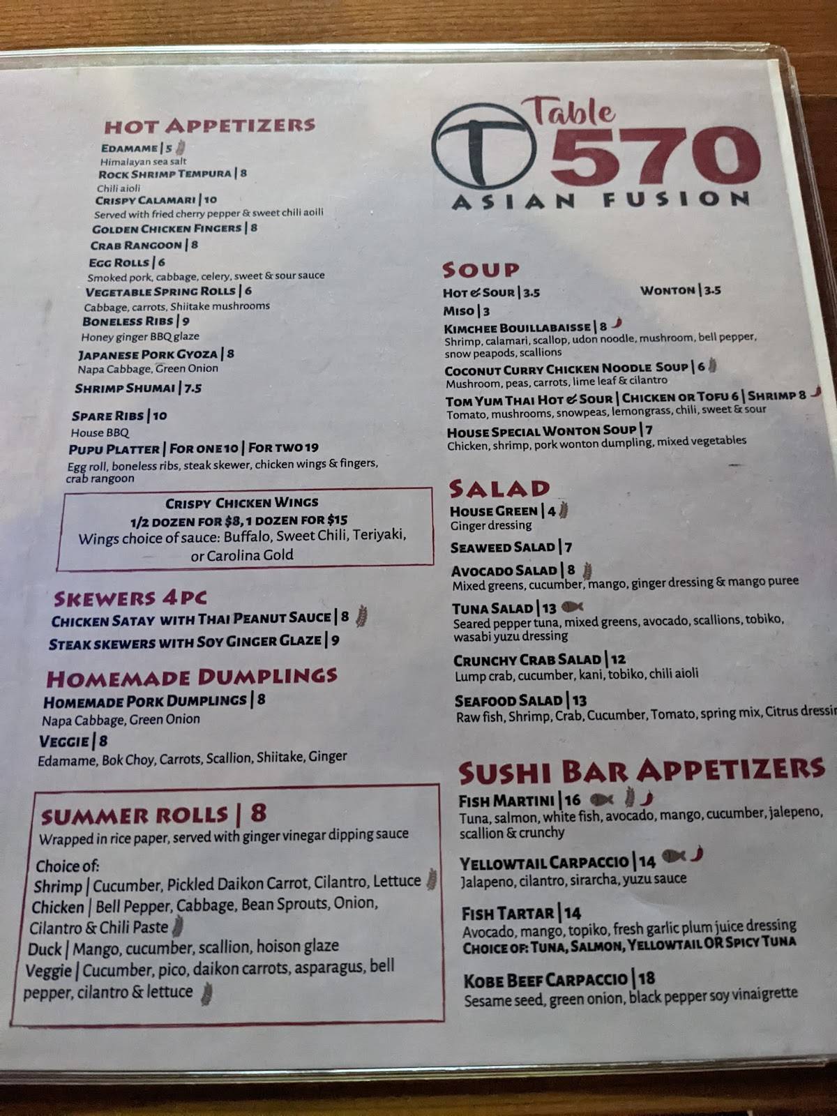 Menu at Table 570 Asian Fusion restaurant, Simsbury