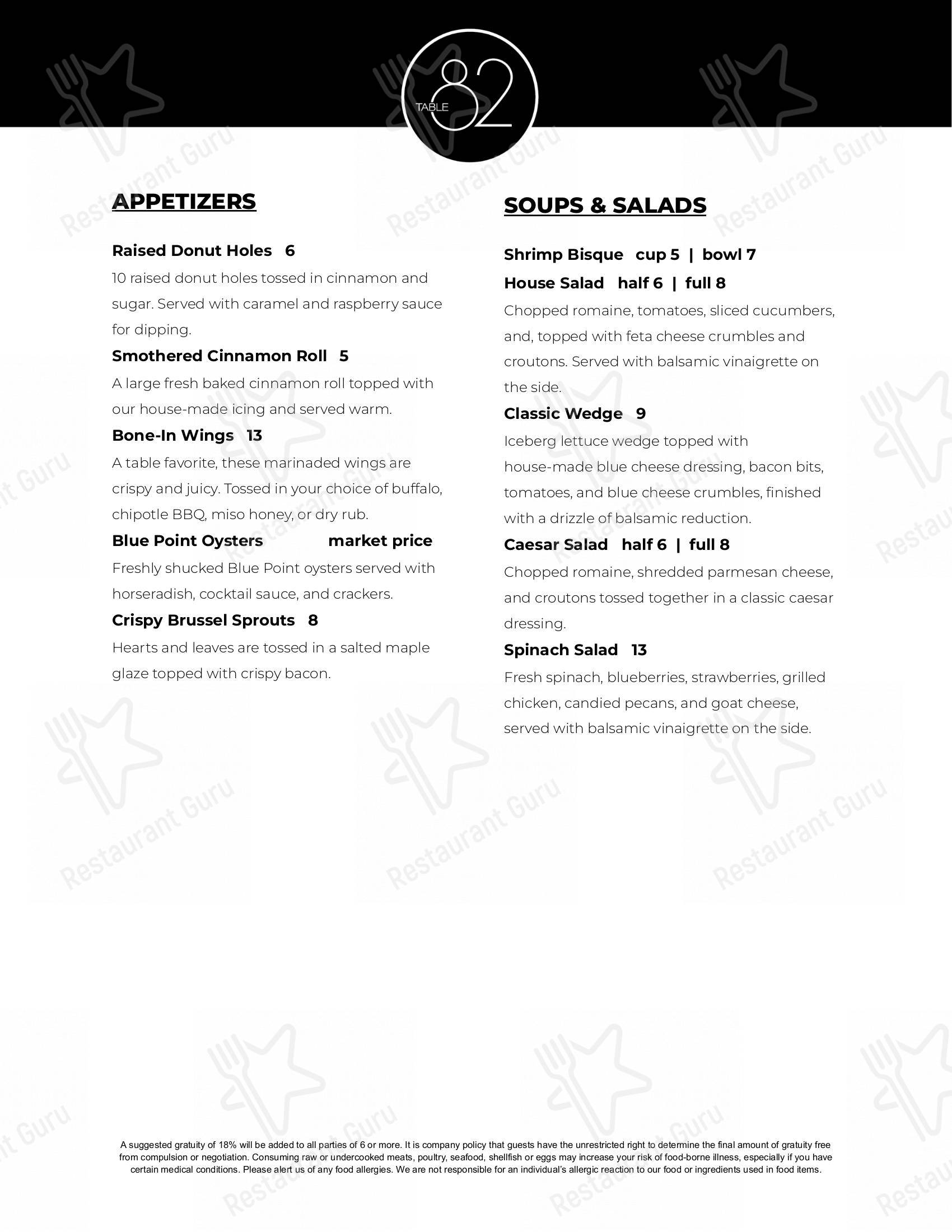Menu at Table 82 restaurant, Lubbock