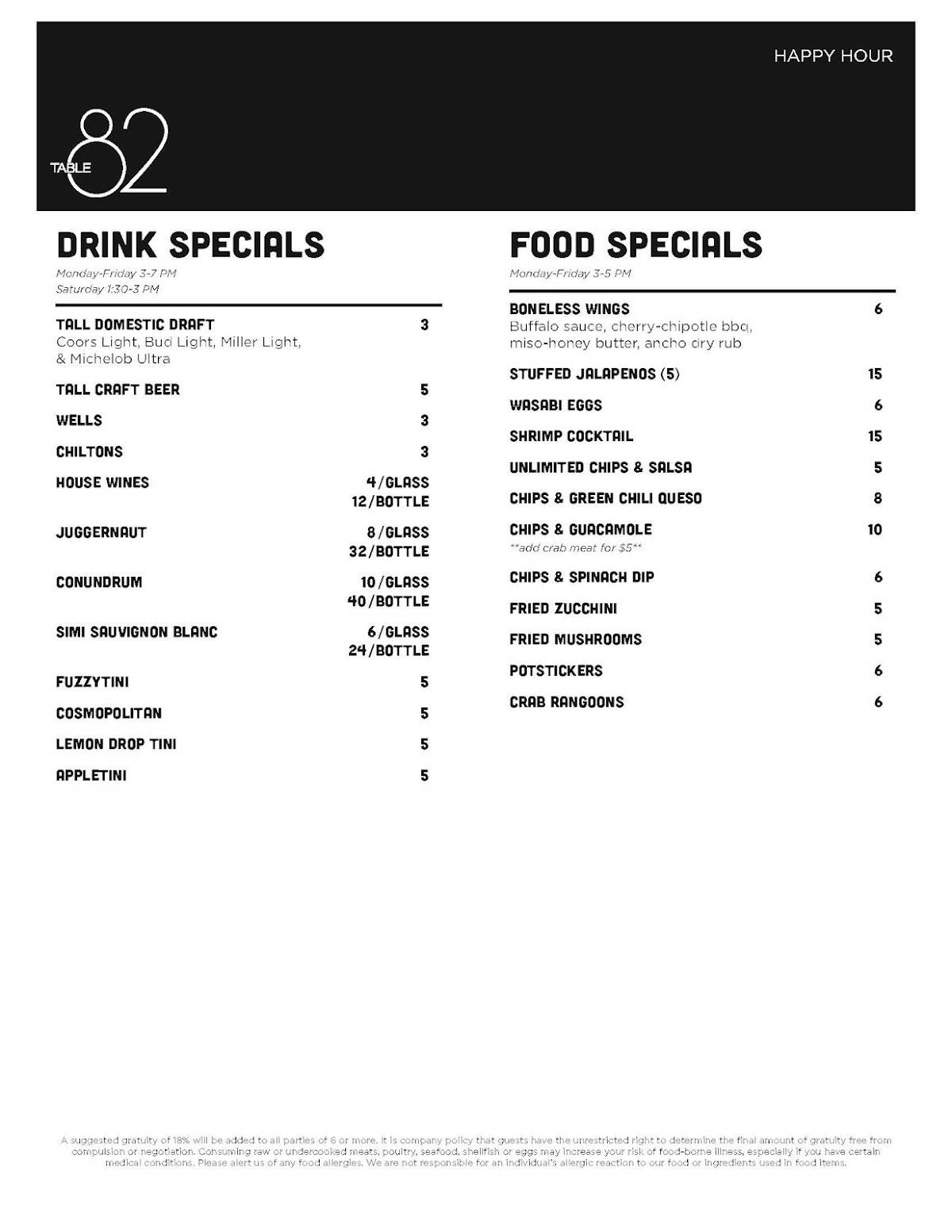 Menu at Table 82 restaurant, Lubbock