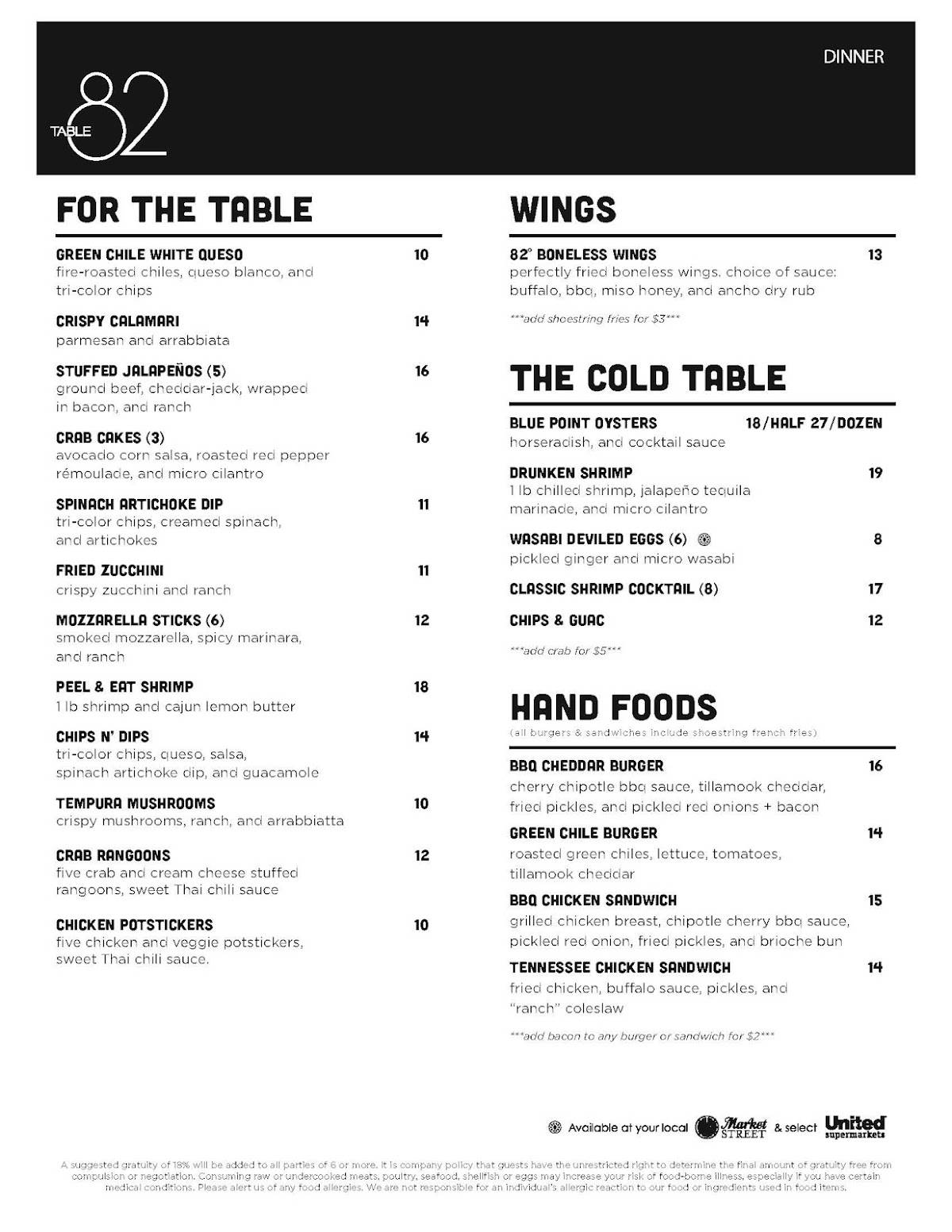 Menu at Table 82 restaurant, Lubbock