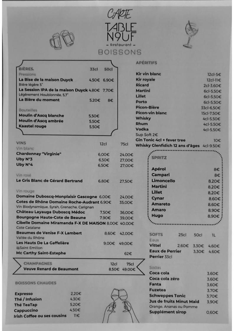 Menu au Table N9uf - Restaurant Vieux-Lille, Lille