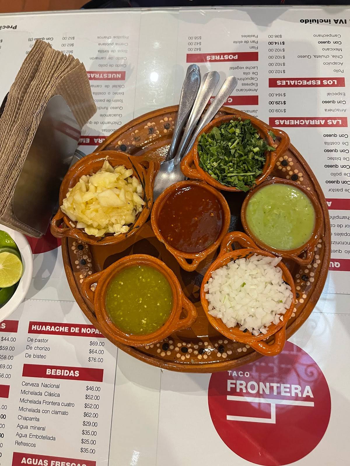 Menu at Taco Frontera 4 restaurant, Mexico City