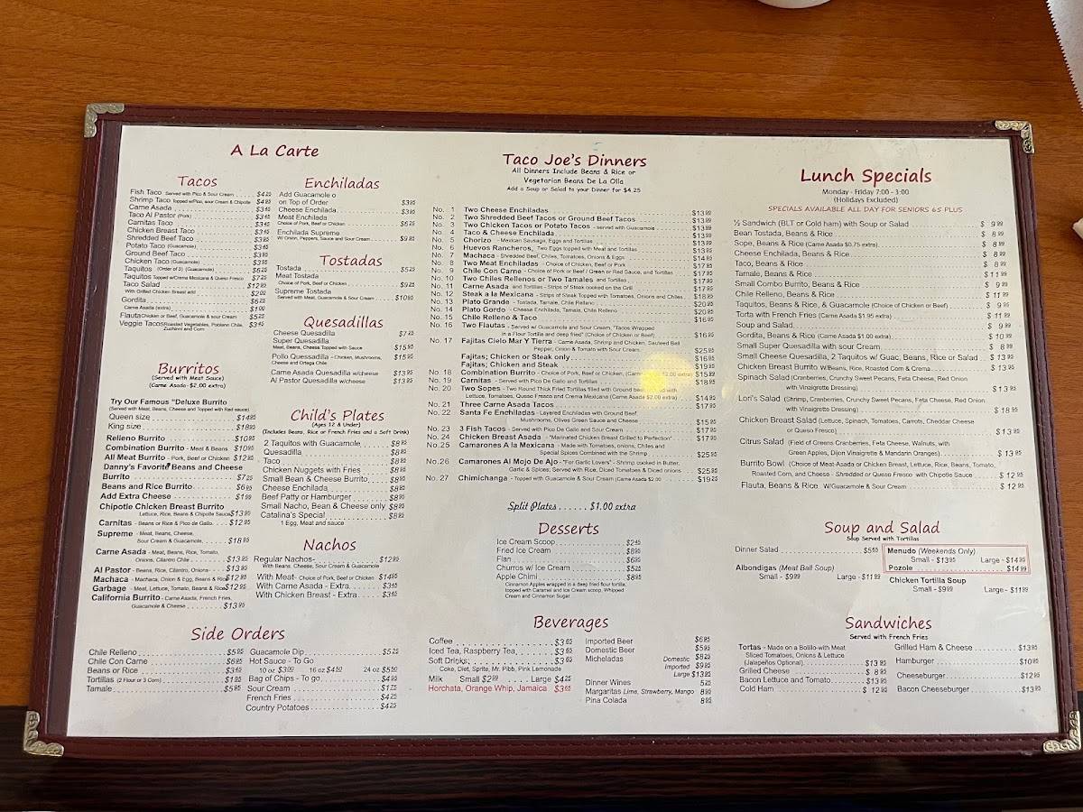 Menu at Taco Joe's Mexican Restaurant, Rialto