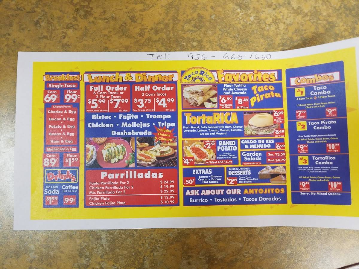 Menu at Taco Rico restaurant, McAllen, Pecan Blvd