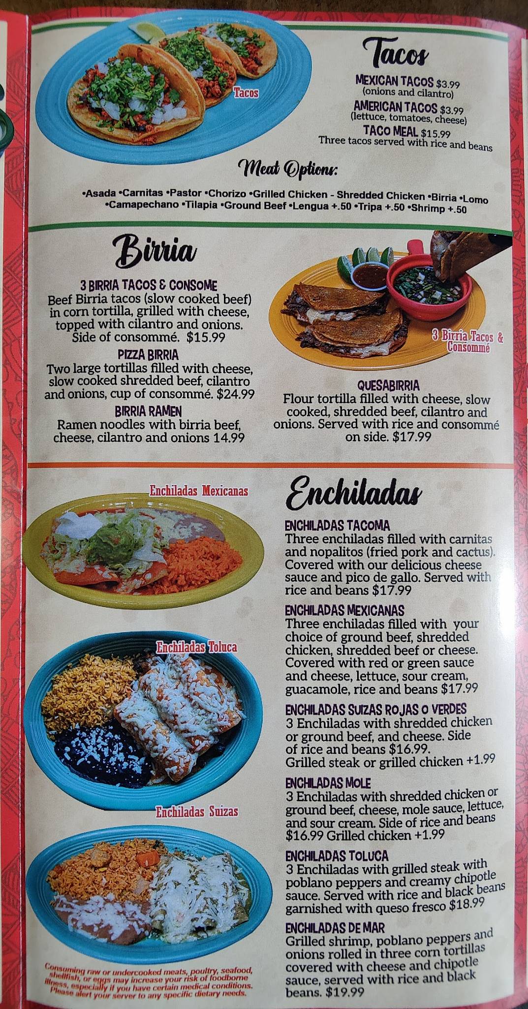 Menu at Tacoma Taco Enchilada Grill restaurant, Carol Stream