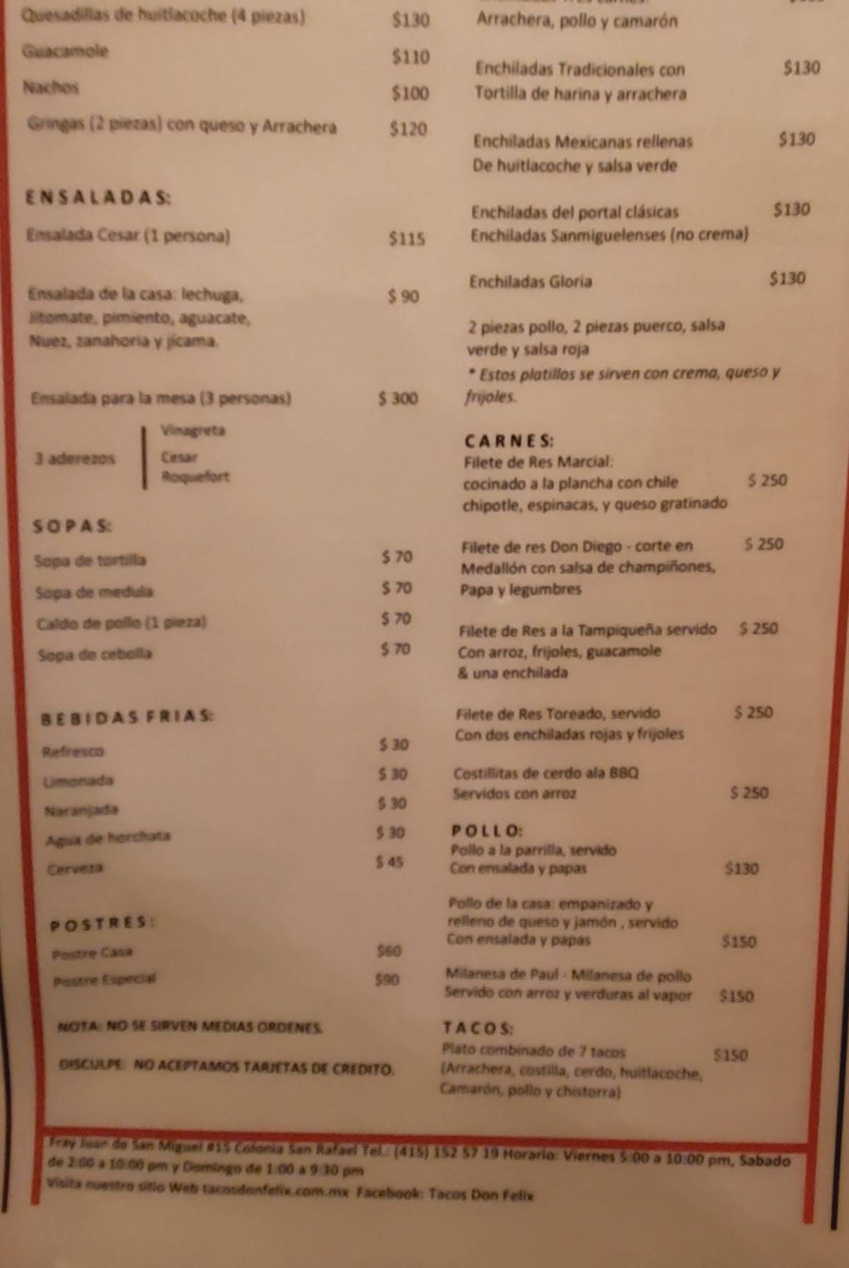 Menu at Tacos Don Felix restaurant, San Miguel de Allende