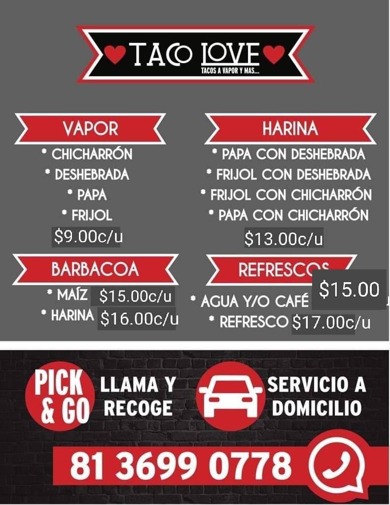 Menu at Tacos Love restaurant, Monterrey
