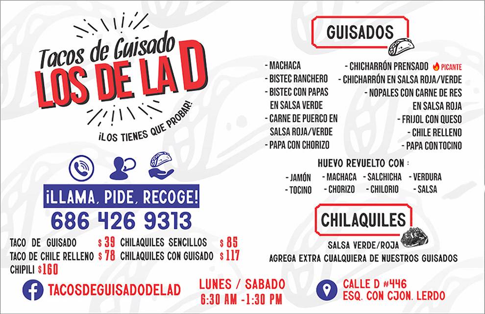 Carta del restaurante Tacos del Guisado Los del la D, Mexicali