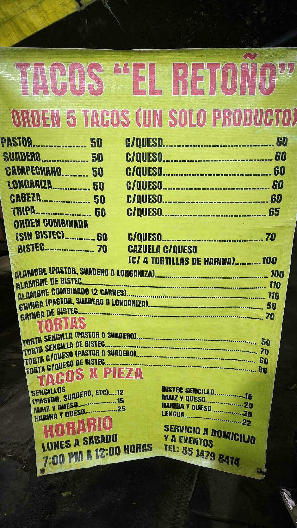 Menu at Tacos el Retoño restaurant, Mexico City
